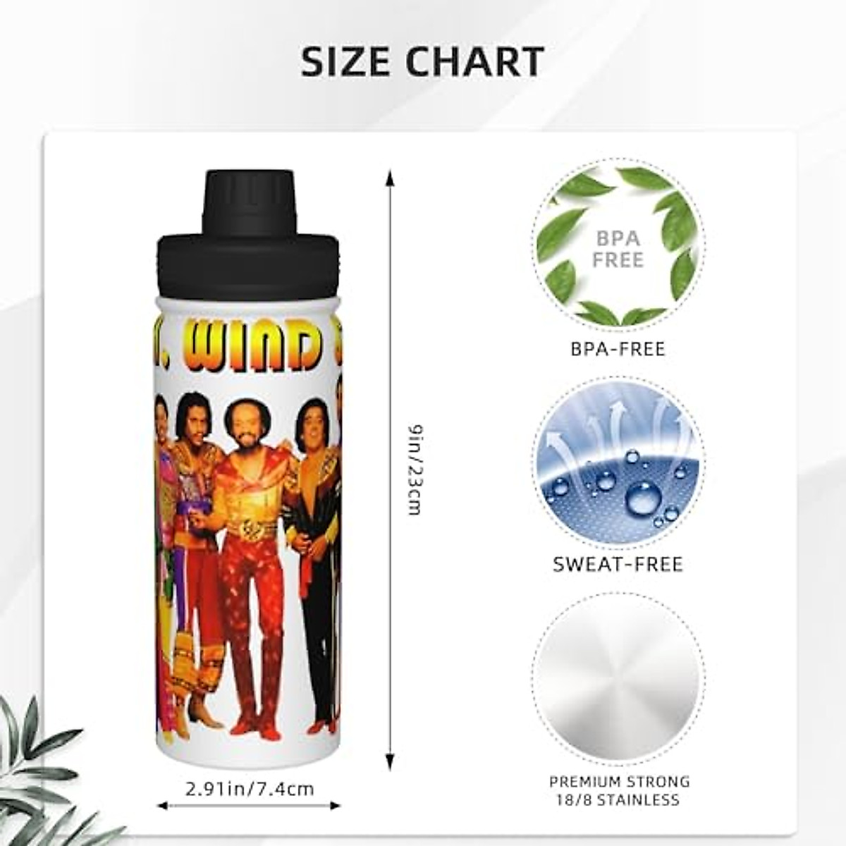 HIKTIEK Earth Wind Musics Fire Stainless Steel Insulated Tumbler Sports Water Bottle Hot and Cold Travel Cup 18oz