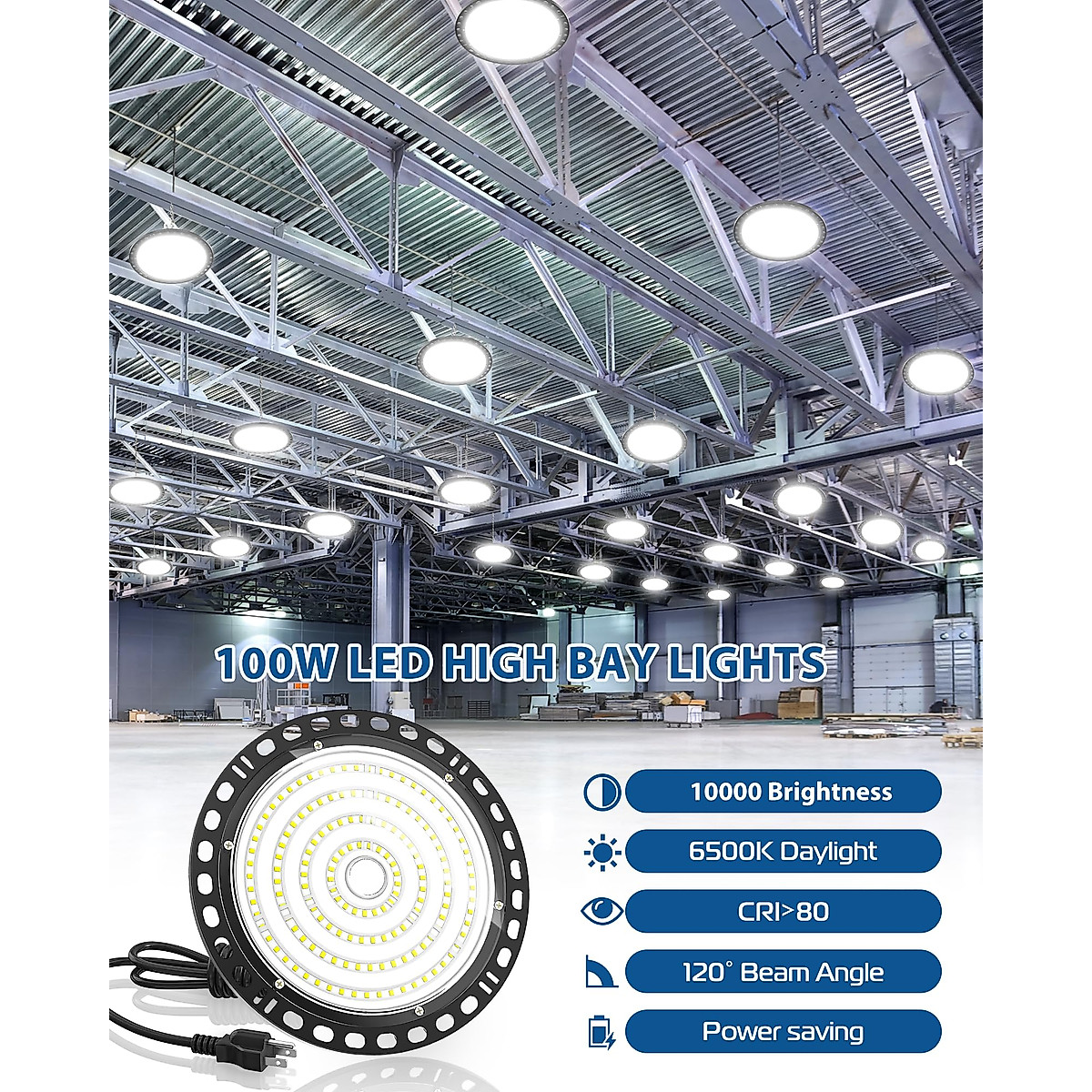 HAPYLUMI UFO LED High Bay Light 100W, 10000LM High Bay LED Shop Lights 6500K UFO Lamp with 6.5ft US Plug IP65 Waterproof UFO High Bay Commercial Area Lighting Fixture for Garage Barn Warehouse Gym