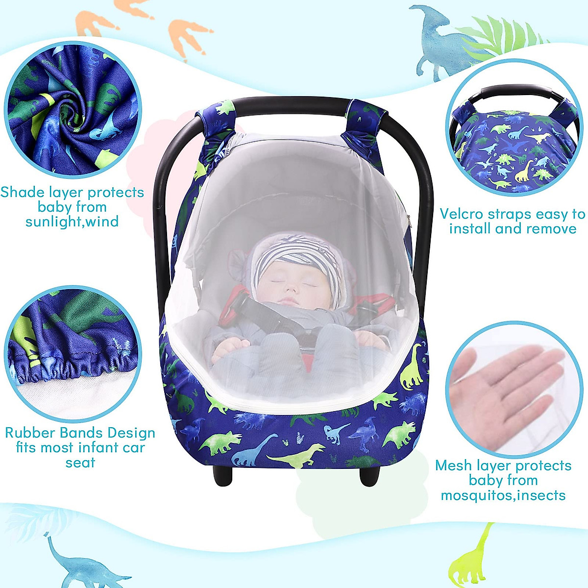 Car Seat Cover for Babies, Summer Cozy Cover, Privacy Carseat Canopy Protect Boys Girls, Breathable Comfortable, Dinosaur