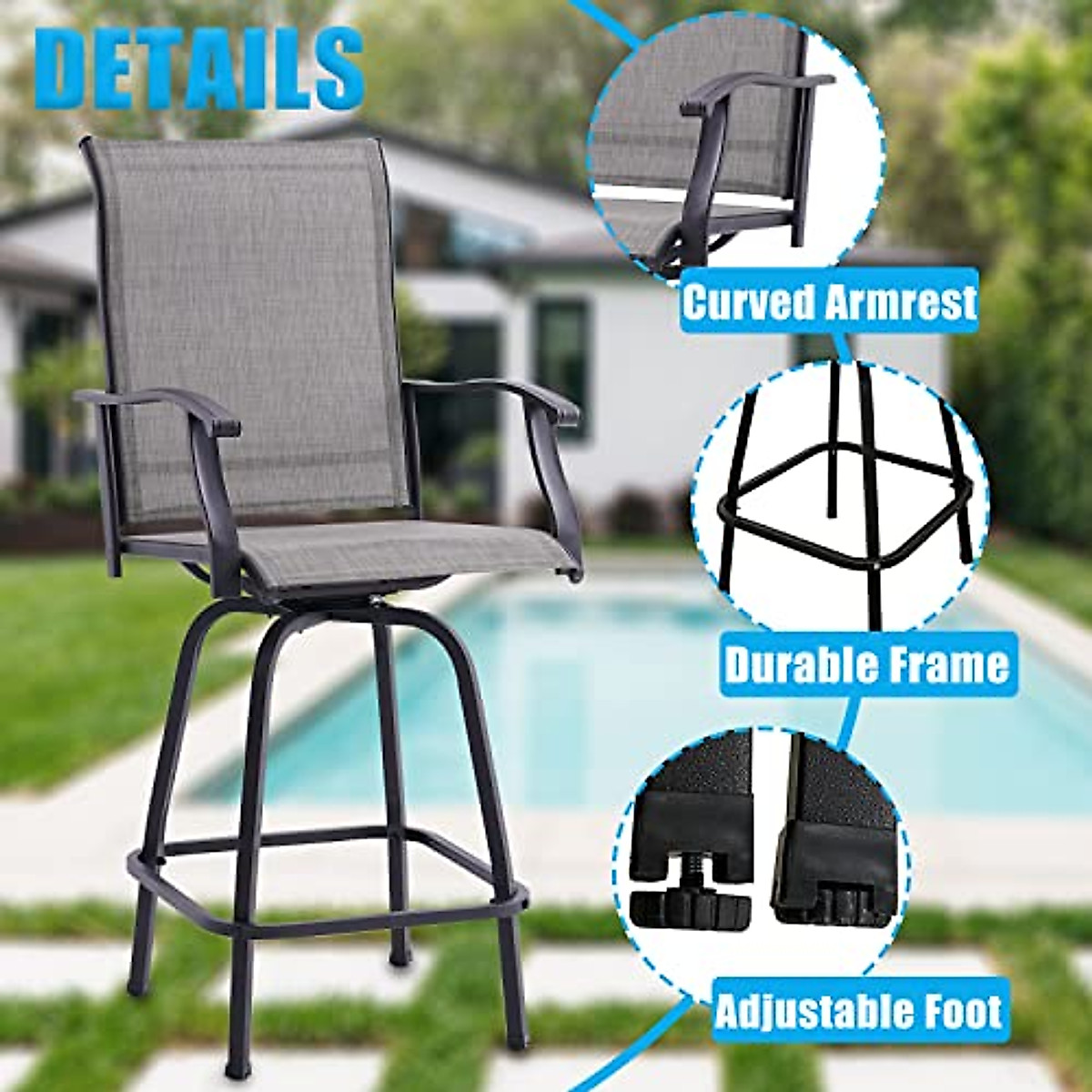 Outdoor Swivel Bar Stools, High Patio Bar Stools Textilene for Bistro Lawn Garden Backyard All Weather Furniture Set, Bar Height Patio Chairs with Armrest, Set of 2, Gray (2)