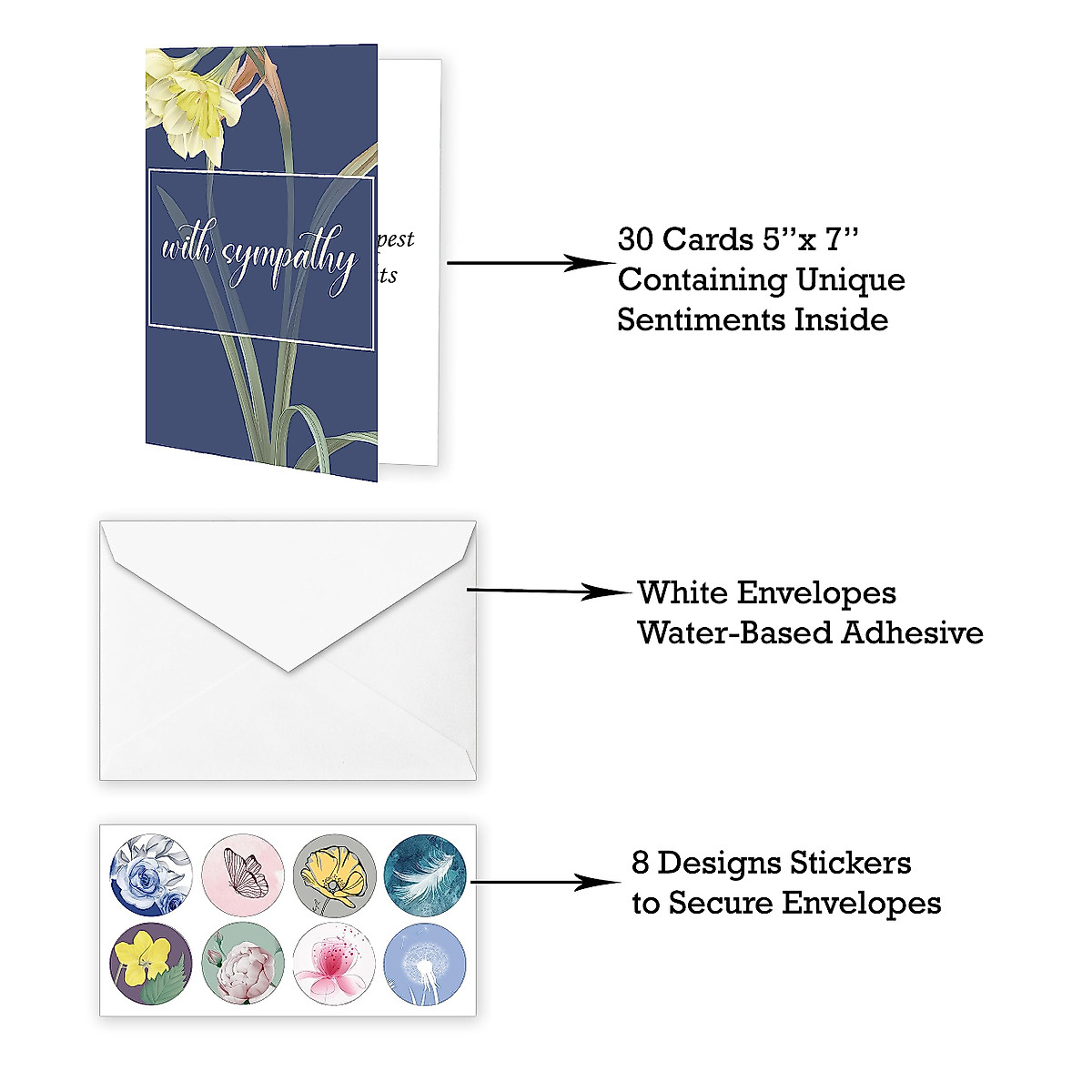 Sympathy Cards with Envelopes and Stickers, 30 Unique Designs with Messages Inside, Large 5x7 Inch Folded Condolence Cards, Thick Cardstock in a Sturdy Box