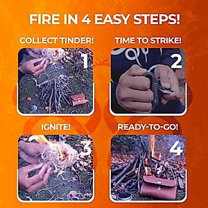 KonvoySG Carbon Steel Fire Striker, English Flint Stone & Char Cloth Traditional Hand Forged Fire Starter, Leather Gift Kit with Emergency Tinder Jute Bag (Cognac)