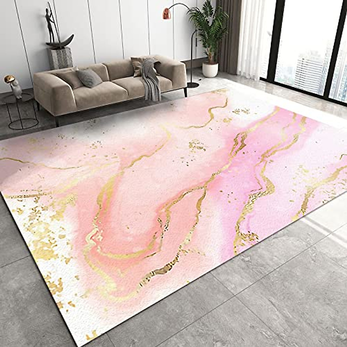 Fashionable Pink Marble Area Rug, Ladies Luxury Phnom Penh White Gold Powder Indoor Rugs, Easy-Cleaning Anti Slip Backing Carpet for Living Room Bedroom Apartment Home Decor - 2 ft x 6 ft