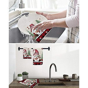 Hokiten Christmas Gnomes Waffle Kitchen Towels Dishcloths, Xmas Tree Winter Snowflake Red Black Plaid Absorbent Dish Towels | Hand Towels for Bathroom/Bar, 12 x 12 Inch, 2 Pcs