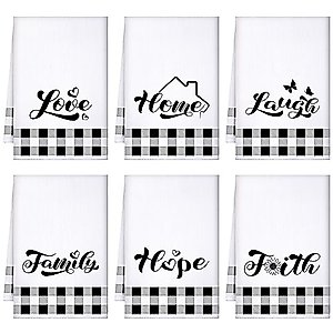 Preboun 6 Pcs Buffalo Plaid Kitchen Towels Black and White Dish Towels Love Home Family Hand Towels Decorative Farmhouse Tea Towels Absorbent for Kitchen Bathroom Decor