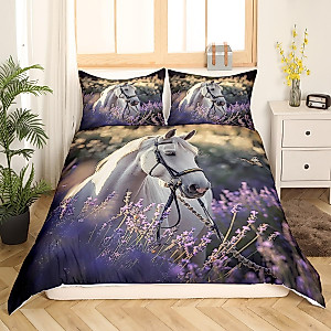 Feelyou Girly Horse Bedding Set King Size, Kids Lavender Floral Flower Comforter Cover Set for Boys Girls, Elegant Galloping Horse Duvet Cover Western Farmhouse Bedspread Cover Quilt Cover