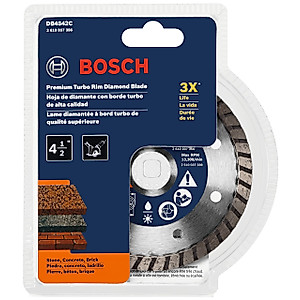 BOSCH DB4542C 4-1/2 In. Premium Turbo Rim Diamond Blade with 5/8 In, 7/8 In. Arbor for Smooth Cut Wet/Dry Cutting Applications in Stone, Concrete, Brick, Silver