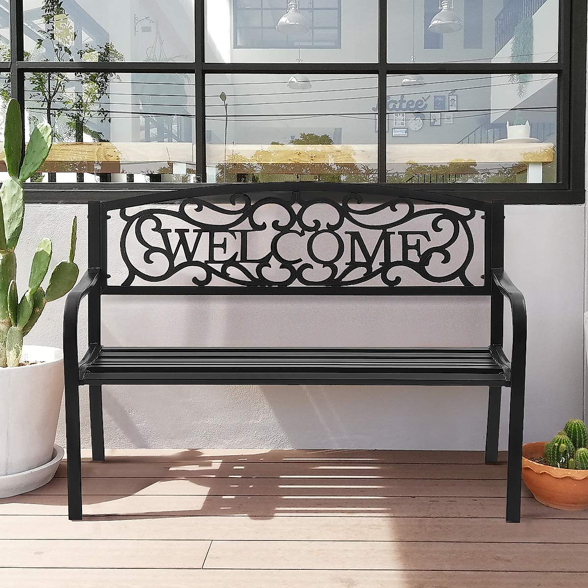 Giantex Garden Bench, Antique Metal Outside Bench w/Warm Welcome Pattern, Elegant Bronze Finish and Durable Iron Frame for Park Yard Porch Chair (Black)