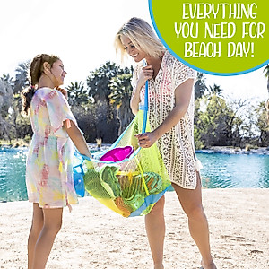 FoxPrint Mesh Beach Bags and Totes for Groceries, Shopping, Summer Pool Toys, Reinforced Carry Handles, Sand Resistant Net, Quick Snap Closure and Front Pocket, Yellow