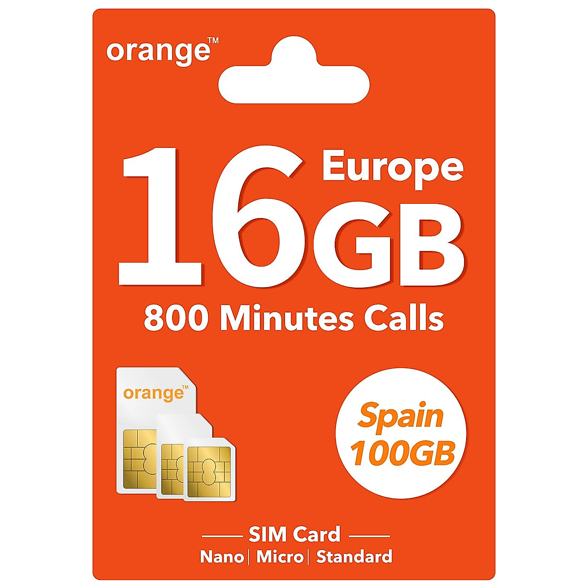 Orange Europe Prepaid SIM Card - 16GB Internet Data in 4G/LTE + 800 Mins Call in Europe, 100GB + 800 Mins Calls in Spain, Europe SIM Card for 28 Days, Supported Hotspot, Standard/Micro/Nano