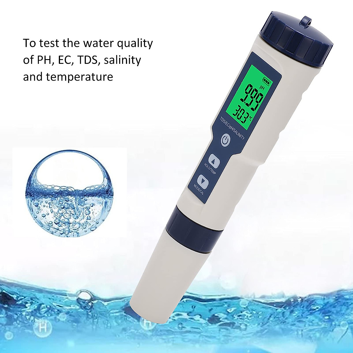 Zyyini EZ‑9909SP 5 in 1 Water Quality Test Pen for pH, EC, TDS, Salinity and Temperature IP 67 Waterproof and dustproof Automatic Recognition