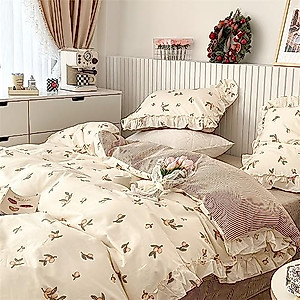JamChe Lovely Pastoral Style Ink Paint Embroidered Flower Ruffle Lace Bedding 100% Cotton Quilt Cover Sheet Four Piece Set,L,14,Queen 180cm Bed 4pcs