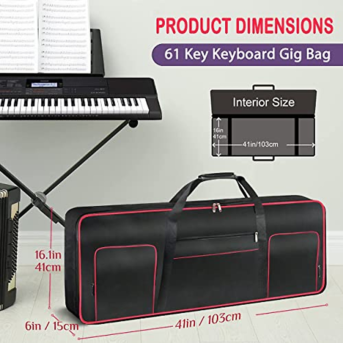 Ruibo 61 Key Keyboard Gig Bag Case,Portable Durable Keyboard Piano Waterproof 600D Oxford Cloth with 10mm Cotton Padded Case Gig Bag 40"x16"x6" / Black+Red