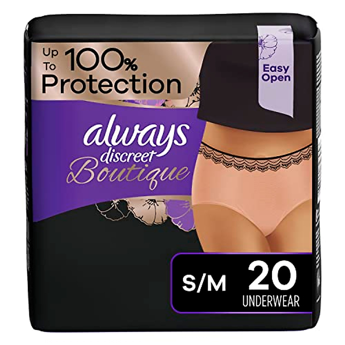 Always Discreet Boutique, Incontinence & Postpartum Underwear For Women, High-Rise, Size Small/Medium, Rosy, Maximum Absorbency, Disposable, 20 Count