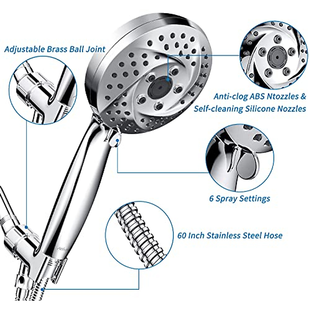 Atthomie Modern Shower Head with 6 Spray Settings, Anti-Clog Detachable & Removable, 60 Inch Stainless Steel Hose, Adjustable Brass Joint, Tool-Free Installation