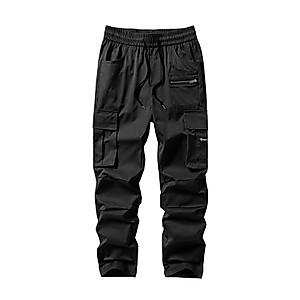 JMIERR Men Casual Cargo Pants Elastic Waist Drawstring Tactical Pant Lightwight Hiking Joggers Pants Loose Fit with Multi Pockets, US 34(M), 1 Black
