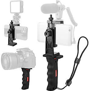 Phone Vlogging Holder,Cell Phone Camera Handle Grip Stabilizer,Ergonomic Phone Video Stabilizer,Handheld Selfie Stick Smartphone Holder with Cold Shoe Mount for Mic/Flash Light,with Wrist Strap