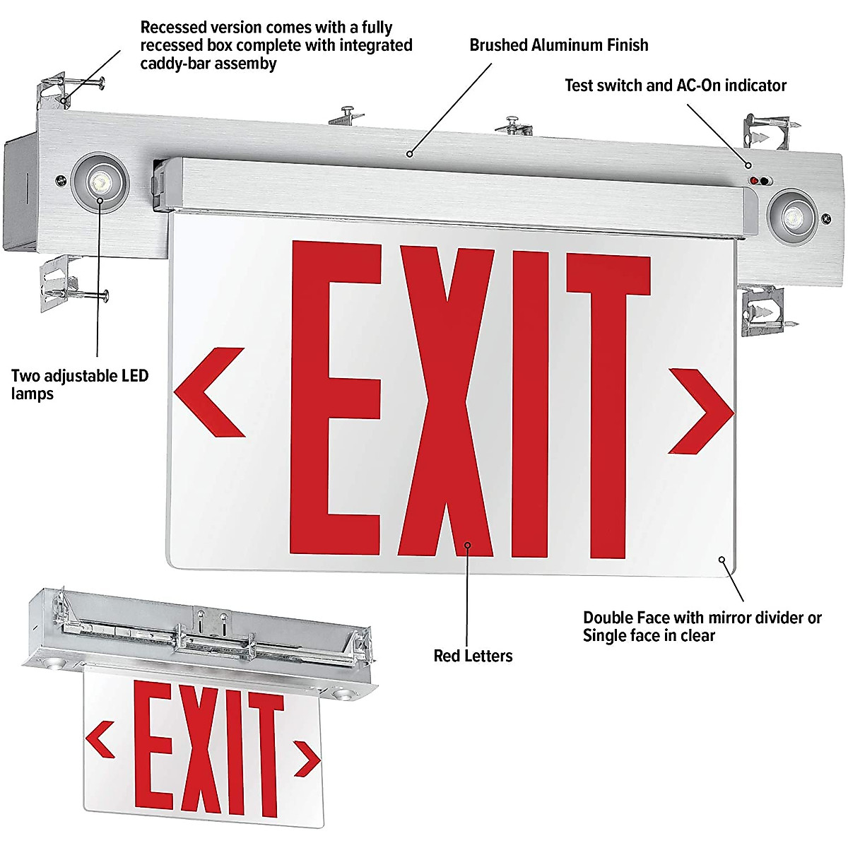 LB91610 Recessed Edge-Lit Red Exit Sign, 120-277V Double Face LED Combo Emergency Light with Adjustable Two Head and Backup Battery, NYC Approved 8” Lettering, UL Certified