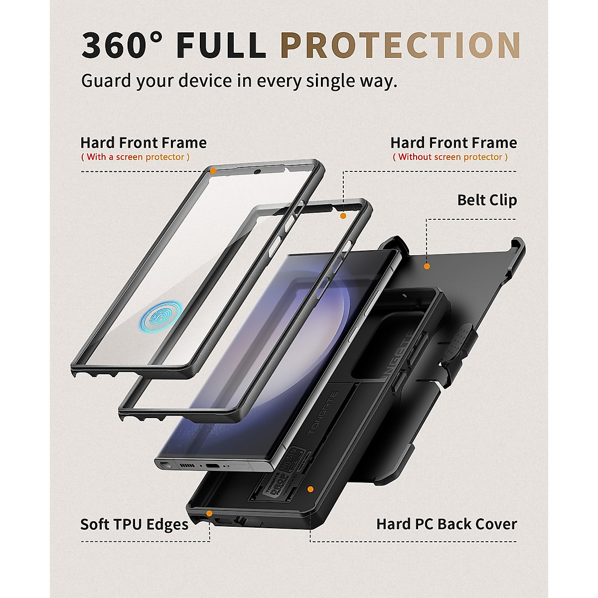 Tongate for Samsung Galaxy S23 Ultra Case, [Bulit-in Slide Camera Cover & Screen Protector] [2 Front Frame] Military Grade Shockproof S23 Ultra Phone Case with Kickstand & Belt-Clip 6.8", Black