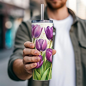 Purple Tulips Flowers Watercolor Skinny Tumbler 20oz with Straw Insulated Water Bottle Gift