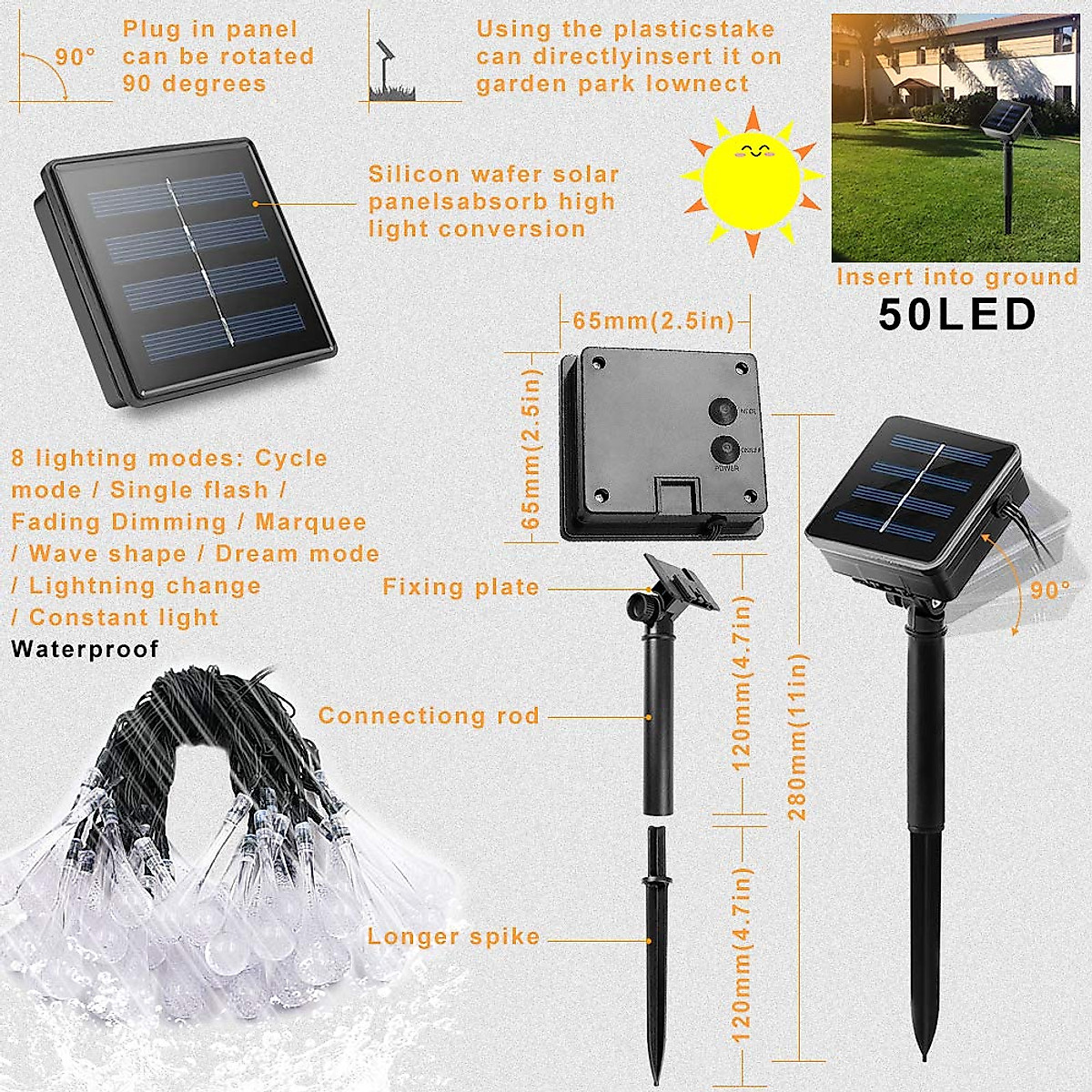 Solar String Lights，7m 50 LEDs Waterproof Teardrop-Shaped - White LED Outdoor String Lights for Cafe, Garden, Home, Landscape, Holiday, Wedding Decorations