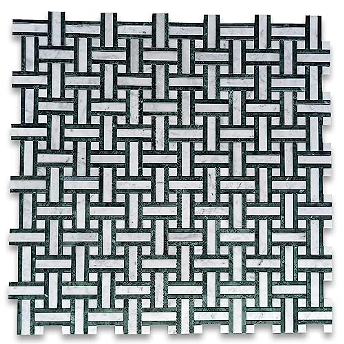 Stone Center Online Carrara White Marble 1 inch Twine Basketweave Mosaic Tile w/Indian Green Honed Kitchen Bath Wall Floor Backsplash Shower (1 Sheet)