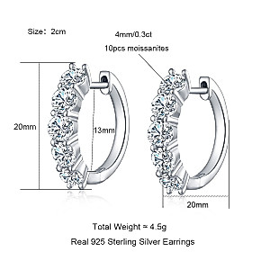 AnuClub Moissanite Hoop Earrings, 3cttw D Color Round Cut Earrings 18K Gold Plated Silver With GRA Certificate, Christmas Gift for Women (Size 2cm+White)