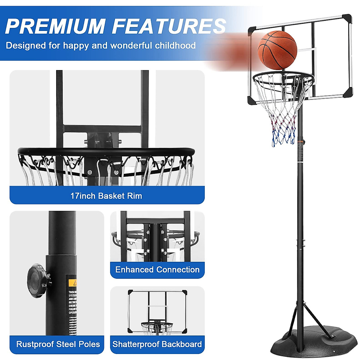 KL KLB Sport Portable Basketball Hoop System Stand Height Adjustable 7.5ft - 9.2ft with 32 Inch Backboard and Wheels for Youth Adults Indoor Outdoor Basketball Goal