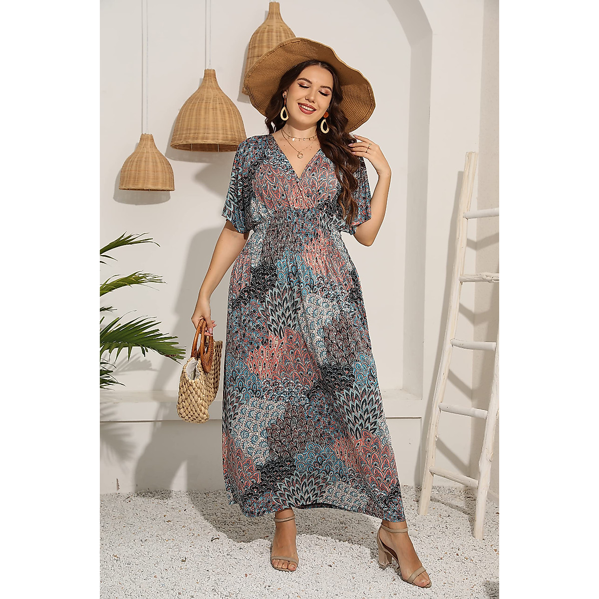 OSTOO Women's Plus Size Hawaii Empire Waist Bat Short Sleeve Casual Floral Print Boho Maxi Dress（Flower 3,4XL