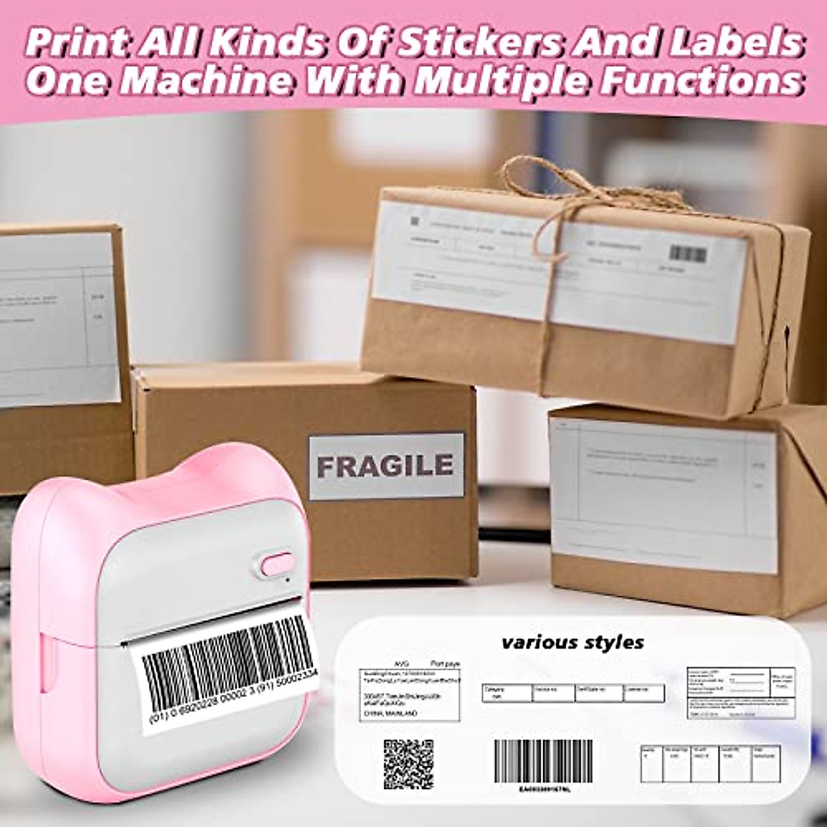 FasionMior 新品 Mini Printer Sticker Maker, Portable Thermal Sticker Printer, Bluetooth Inkless Pocket Printer Compatible with iOS & Android, Inkless Printer Mini with 10 Rolls Paper & 5 Color Pens