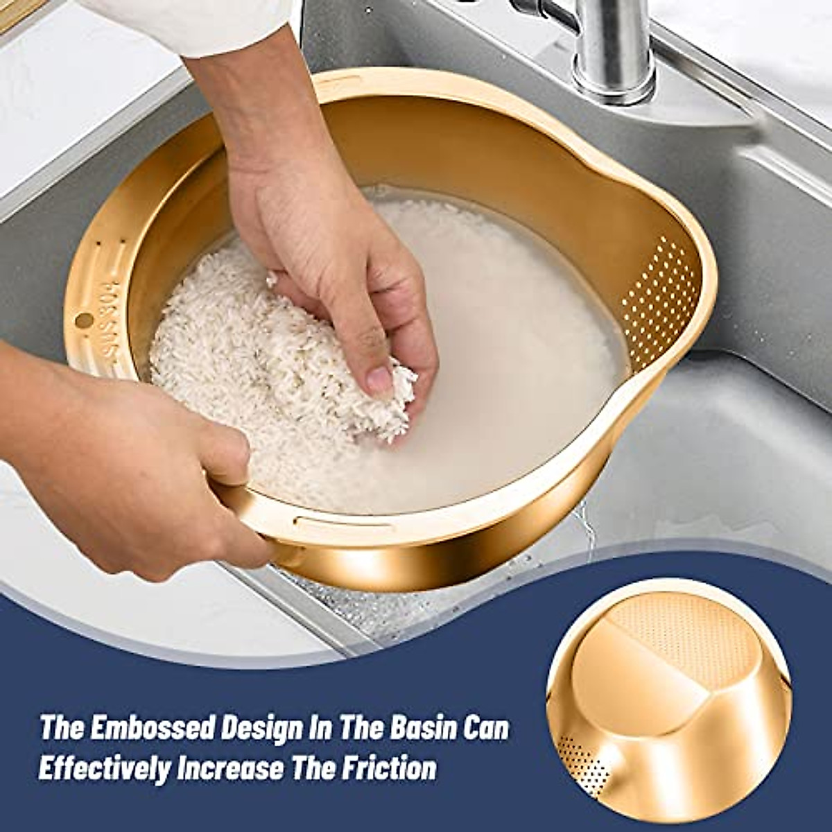 2pcs Multifunctional Drain Basin And Vegetable Washing Basin, Rice Washing Bowl with Strainer, Stainless Steel Side Drainers for Fruits, Vegetables and Beans Versatile Kitchen Tool (Gold)