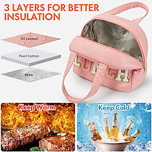 DIRGEE Lunch Bag for Women - Pink, Leather, Unisex, Meal Holder, Waterproof, Insulated, Reusable, Portable, 9.4L Capacity, Cute Chenille Letters Design