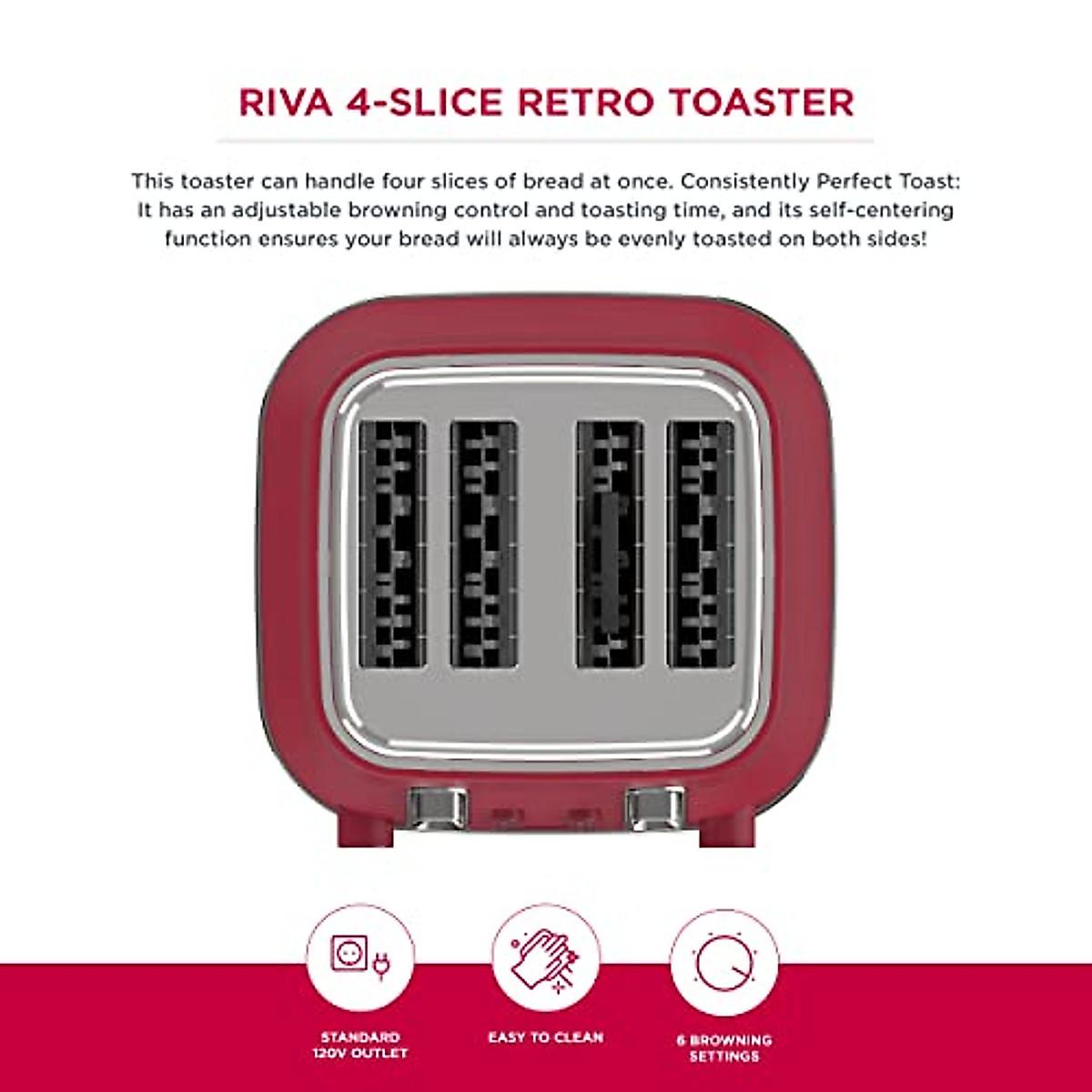 Homeart Riva Electric Kettle With Removable Limescale Filter and 4-Slice Retro Toaster Stainless Steel With Removable Crumb Tray Combo, Red