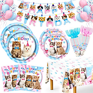 Cat Birthday Decorations, 146Pcs Cat Birthday Party Supplies-Serves 24 Cat Party Disposable Tableware with Cat Party Plates Cups Napkins Tablecloth Balloons for Kitten Girls Birthday Party Decorations