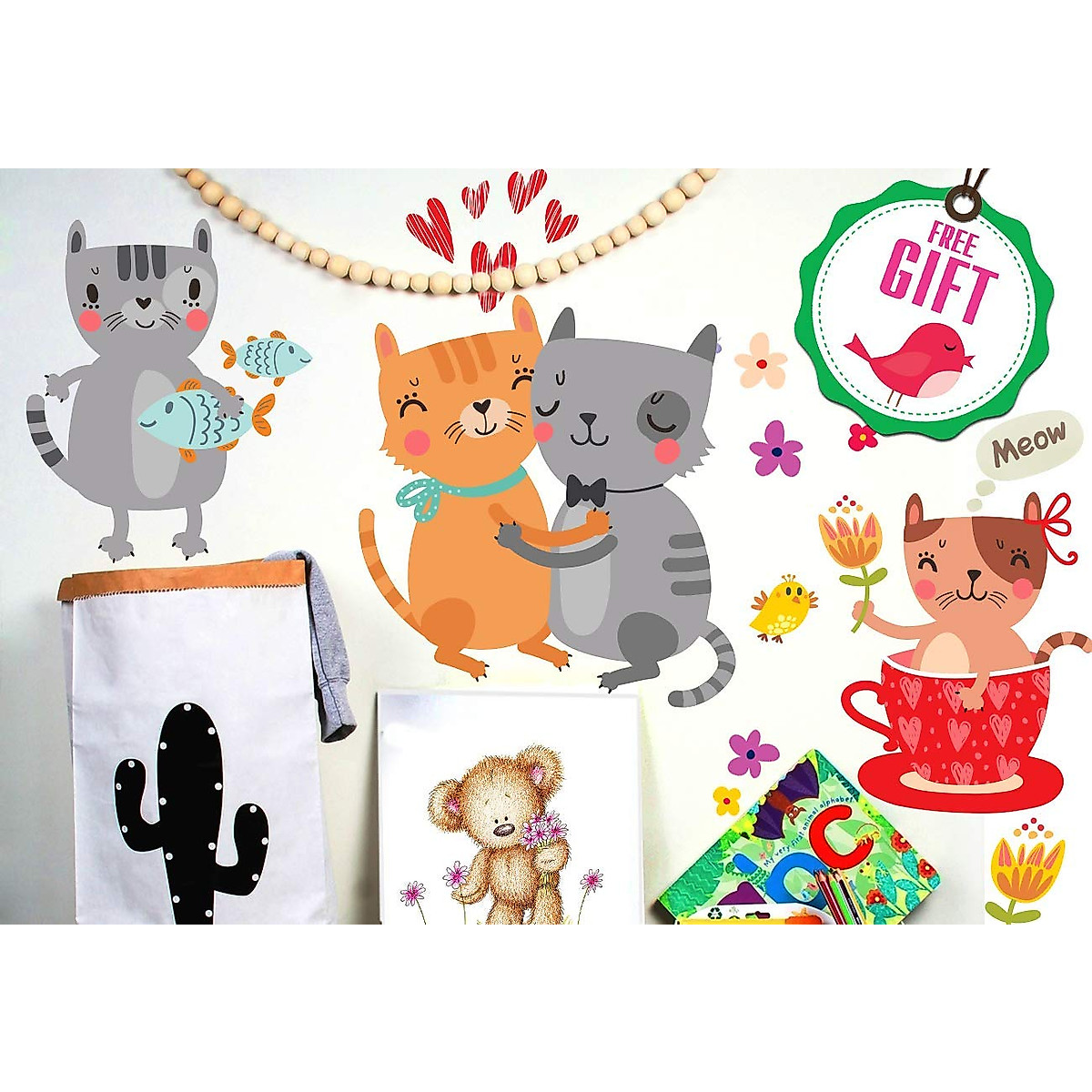 Cat Wall Stickers for Kids - Baby Vinyl Home Décor - Cute Animal Decals for Bedroom Playroom