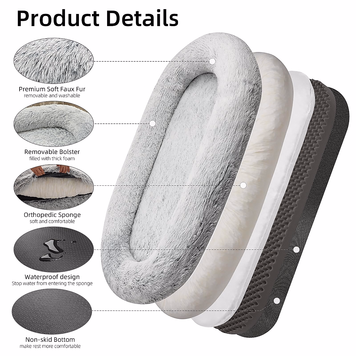 Large Dog Bed 75" L * 50" W * 14" Th Dog Beds for Large Dogs Giant Dog Bed Human Size Dog Bed for People 30D Sponge Bean Bag Bed Detachable Grey