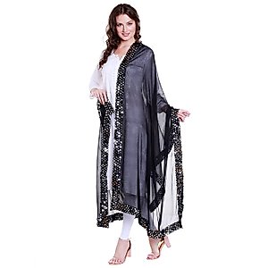 DUPATTA BAZAAR Women's Black Chiffon Dupatta with Mirror work lace.