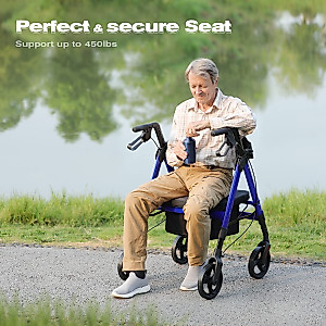 OasisSpace Heavy Duty Rollator Walker - Bariatric Rollator Walker with Large Seat for Seniors Support Up 450 lbs (Blue)