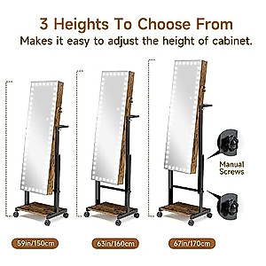 Lavievert LED Mirror Jewelry Cabinet with 4 Wheels, 47.2" Full Length Mirror with 3 Color Lights, Lockable Jewelry Armoire with Built-in Mirror, Bottom Shelf, 3 Adjustable Angles & Height - Brown
