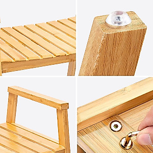 OasisCraft Bamboo Shower Bench, 22" Shower Chair with Free Soap Dish, Waterproof Wood Spa Bath Seat with Arms Wooden Bathroom Stool Shower Seat for Indoor Outdoor