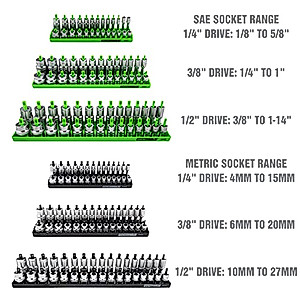 OEMTOOLS 22233 6 Piece SAE and Metric Socket Tray Set, SAE and Metric Socket Storage for Sizes 1/4", 3/8”, and 1/2" Drive, Socket Holders and Socket Organizer Tray for Toolbox, Green and Black