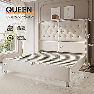 Jocisland Queen Bed Frame Upholstered Bed Wingback Headboard Velvet Tufted Diamond Button/No Box Spring Needed/Easy Assembly/Cream
