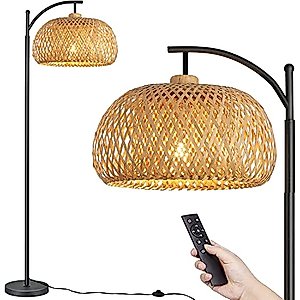 Bamboo Floor Lamp Rattan for Living Room,Bedroom,Farmhouse,Boho Standing Lamp with Control and Dimmable Bulb,Hand-Worked Woven Lamp Shades,Black Industrial Floor Light Adjustable Corner Tall Lamp