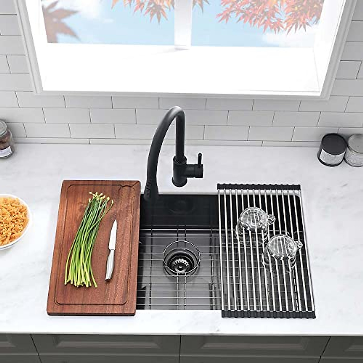 28 Inch Matte Black Kitchen Sink Undermount, Wesliv 28x19 Inch Undermount Matte Black Kitchen Sink 16 Gauge Deep Large Single Bowl Kitchen Sink with Cutting Board & Bottom Rinse Grid