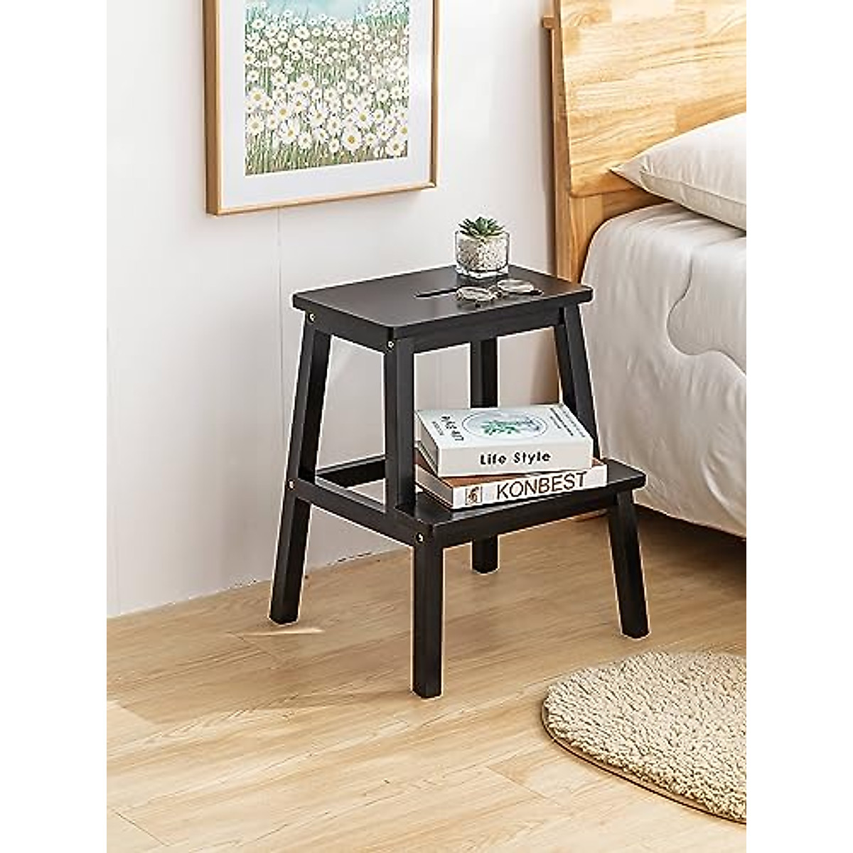 kailebao 20 inch Kitchen Step Stool Standing Tower for Kitchen Counter Solid Wood Step Office Solid Wood Step Stool for Adult Black