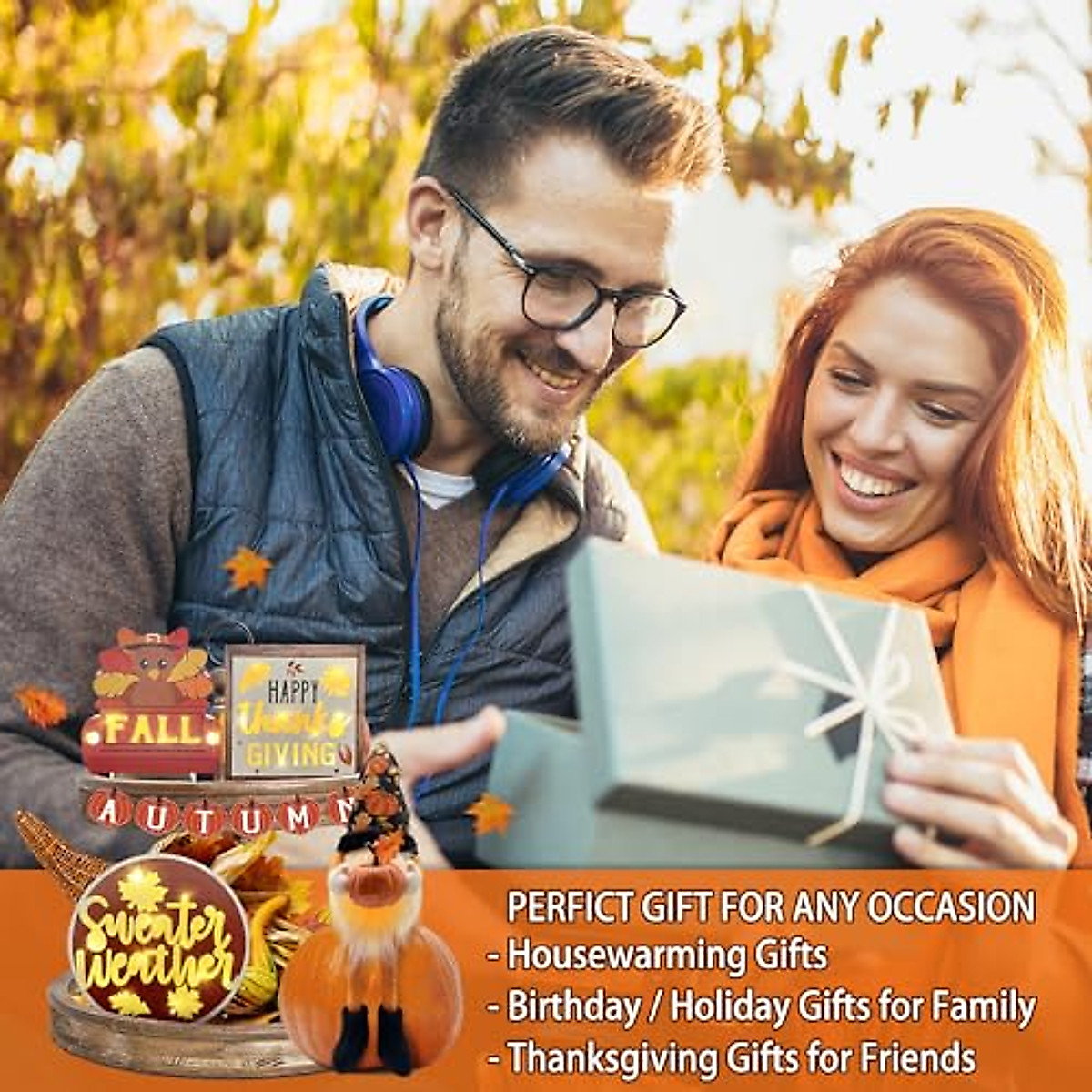 Thanksgiving Tiered Tray Decorations, LED Light Up Thanksgiving Decorations Farmhouse Rustic Wooden Sign Turkey Gnome Fall Decor Warm Thanksgiving Autumn Home Table Kitchen Decorative Tray