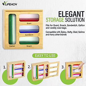 Bamboo ziplock bag storage organizer for kitchen drawer, plastic bag holder, kitchen drawer organizer, drawer oganizer, compatible with veriety of bags as snack, sandwich, gallon,quart size bags