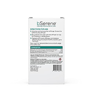 bSerene Advanced Pheromone Calming Solution for Cats 30-Day Diffuser Refill Helps Reduce Hiding, Scratching, Stress, Spraying for Single & Multi-Cat Homes, Promotes Bonding