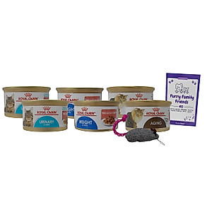 Royal Canin Slices in Gravy Cat Food 3 Flavor 6 Can Sampler, (2) Each: Urinary Care, Weight Care, Aging 12+ (3 Ounces) - Plus Catnip Toy and Fun Facts Booklet Bundle