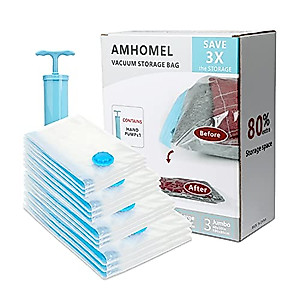 amhomel Vacuum Storage Bag (3 Jumbo, 3 Large, 3 Medium, 3 Small) Ziplock Space Saver Sealer Bags, Air Tight Compression Organizers for Pillows Clothes Blankets Comforters with Hand Pump - 12 Combo